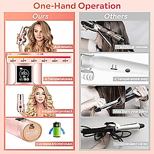 Upgraded Automatic Curling Iron, Cordless Auto Hair Curler with 6 Temps & Timers, Rechargeable & Portable Rotating Curling Wand Styling Tool, Built-in 5000mAh Battery