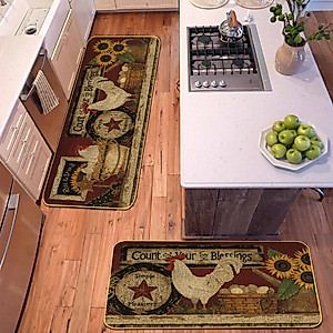DXSHCG Farmhouse Decorative Kitchen Rugs and Mats Set of 2, Farm Rooster Non-Slip Kitchen Mats,Seasonal Holiday Party Sets Washable Low-Profile Floor Mats - 17x29 and 17x47 Inch