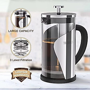 TBGENIUS French Press Coffee Maker 2-4 Cups, 21oz Coffee Press Perfect for Coffee Lover Gifts Morning Coffee, 4 Level Filtration, Stainless Steel Housing - Brews Milk Froth and Tea - 600ml