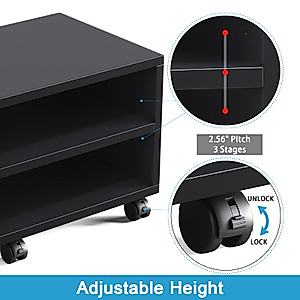 Deoxuefo Printer Stand with Storage - Wood Under Desk Printer Table with Wheels 15.7x11.8x14 Inch, 2 Tier Small Black Rolling Printer Cart for Home, Office, Scanner, Fax, Computer