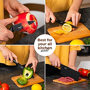 CUOCO Black Knife Set with Block 5 Pieces, Modern Knife Set with Cleaver, Santoku Knife, and Chef Knife, All Black Knife Set with Extreme Sturdiness and Superior Longevity