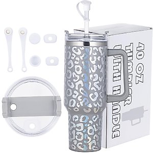 Xereizo 40 oz Tumbler with Handle and Straw, Leak Proof Stainless Steel Insulated Travel Coffee Tumbler Cups Lid and Straw, Iced for 40 Hours Cupholder Friendly Water Bottle Mug, Leopard Print Grey