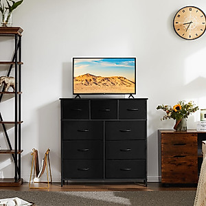 DUMOS Dresser for Bedroom, Storage Drawers, Fabric Storage Tower with 9 Drawers, Chest of Drawers with Fabric Bins, Sturdy Metal Frame, Wood Tabletop for Kids Room, Closet, Entryway, Nursery