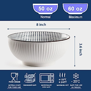 Hesen 60 oz Large Soup Bowl, Pho Bowls, Japanese Ramen Bowl Set, Big Porcelain Bowls Set of 3, 8 inches, Stripe Pattern