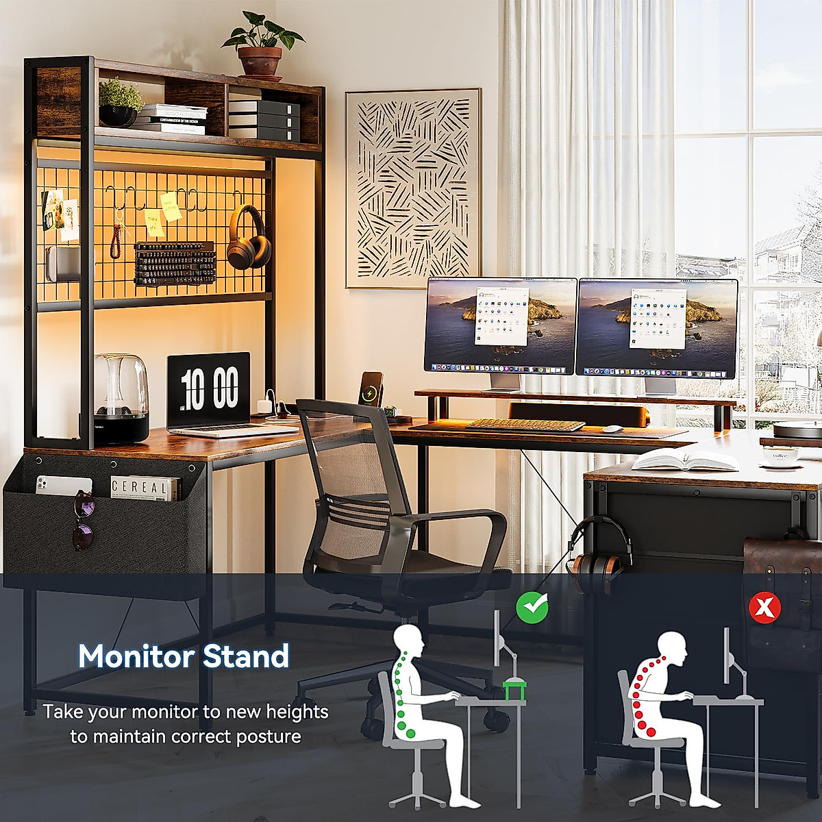 U Shaped Desk with Monitor Stand and LED Lights, U Shaped Gaming Desk with Storage Shelves, Large Computer Desk with Power Outlets, Large Corner Office Desk with 4 Drawers,Rustic Brown