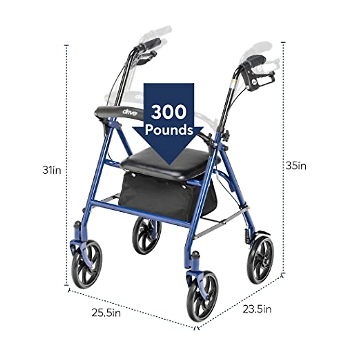 Drive Medical 10257BL-1 4-Wheel Rollator Walker With Seat & Removable Back Support, Blue