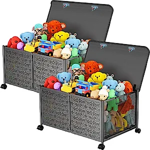 PHINOX Toy Box Storage, Toy Chest Toy Organizers and Storage Bins, Large Toy Box for Boys Girls, 70L Toy Storage Organizer with Wheels, Collapsible Metal Kids Toy Storage for Nursery, Playroom-2PACK