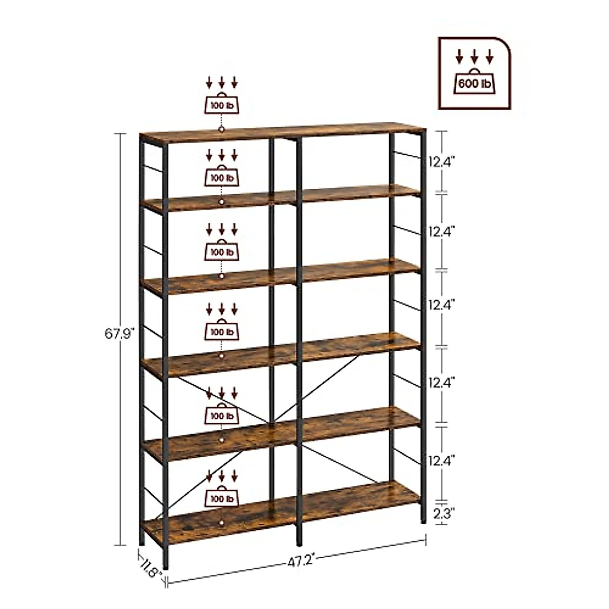VASAGLE 6-Tier Tall Bookshelf, Bookcase, Large Metal Shelf, 11.8 x 47.2 x 67.9 Inches, for Living Room, Kitchen, Pantry, Study, Home Office, Rustic Brown and Black ULLS114B01