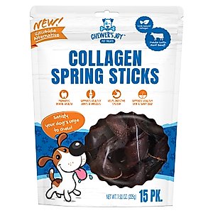 Chewer's Joy Collagen Spring Sticks 15pk 5-6" for Dogs. Up to 100% Collagen Promotes Healthy Joints, Bones, Skin, Digestion, & Shiny Coat. Bully Stick & Rawhide Alternative. Long Lasting.