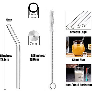 ALINK Short Bent Glass Straws, 6 in x 10 mm Reusable Clear Glass Curved Cocktail Straws for Whiskey, Coffee, Soda, Water, Pack of 8 with Brush