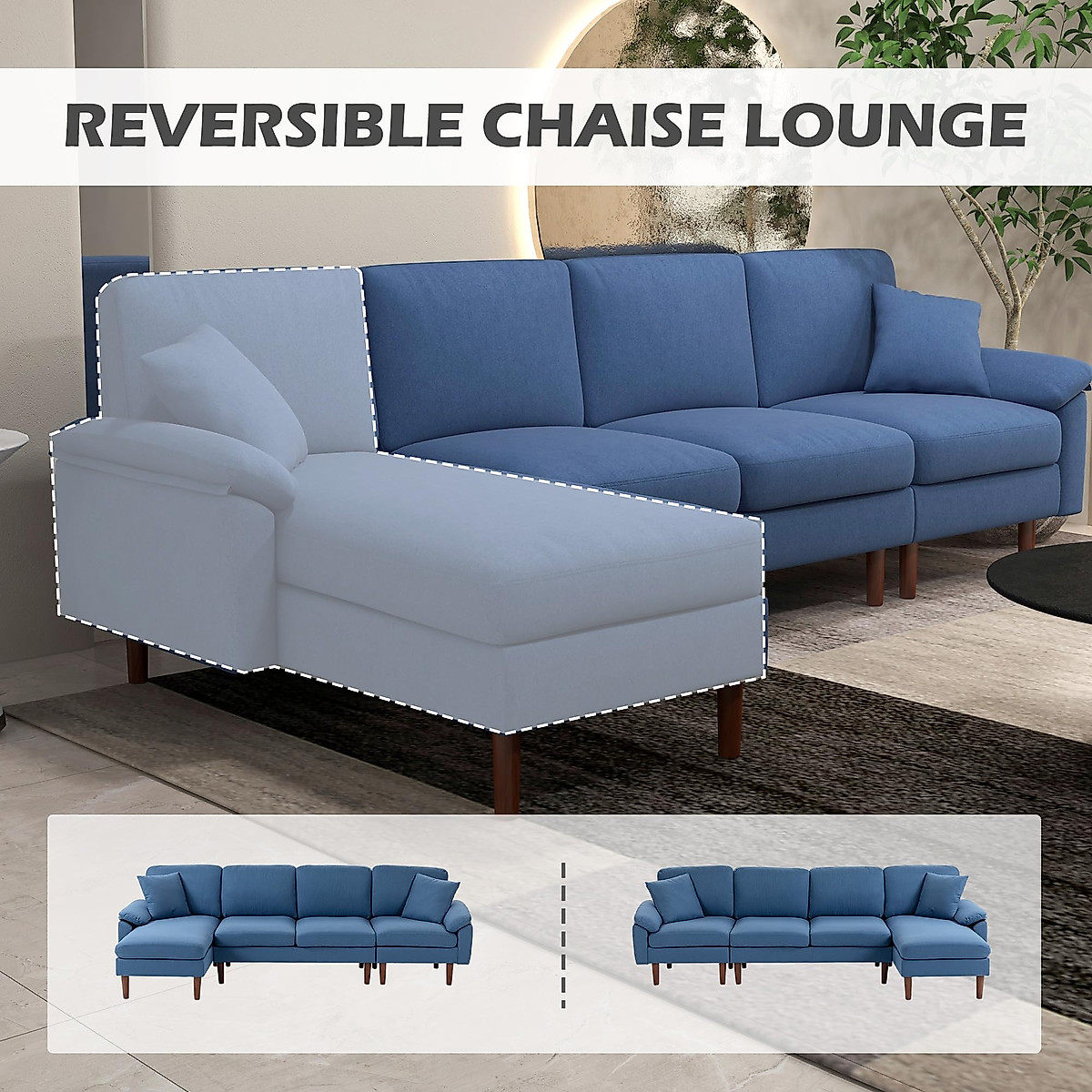 HOMCOM Fabric Sectional Couch with Reversible Sleeper Sofa, Modern L Shaped Sectional Sofa with Pillows, Wooden Legs for Living Room, Apartment and Office, Blue