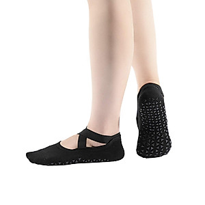 Pauboland Women's 6-Pack Black Padded Cushion Non-Slip Piyo Barre Pilate Ballet Yoga Socks with Grips, Size 4-9