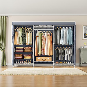 VIPEK V10C Plus Portable Closet Heavy Duty Clothes Rack with Slid Basket, Covered Wardrobe Closet, Adjustable Closet Storage Rack, White Clothing Rack with Grey Oxford Fabric Cover 86.6"Lx17.3Wx76.4 H