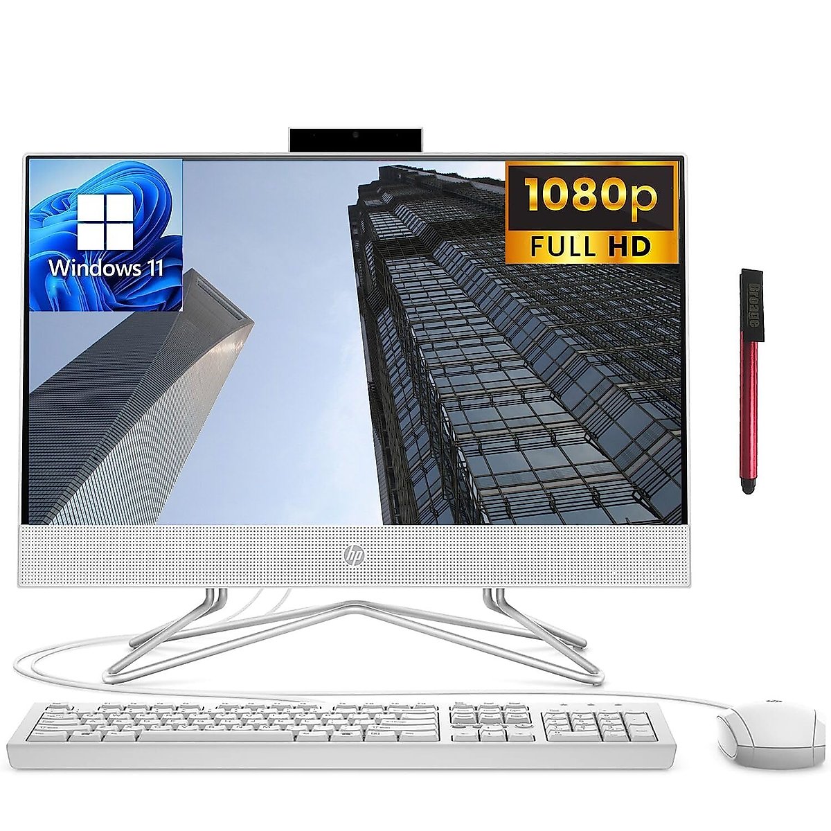 HP 22 AIO 21.5" FHD All-in-One Desktop Computer, Intel Celeron J4025 Up to 2.9GHz, 8GB DDR4 RAM, 256GB PCIe SSD, 802.11AC WiFi, BT, Keyboard and Mouse, White, Windows 11 Home, BROAG 64GB Flash Drive