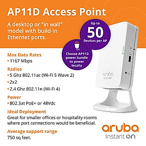 HPE Networking Instant On Access Point AP11D 2x2 WiFi 5 Indoor Wireless Access Point with Uplink and 3 Local Ports | Power Source Included | US Model (R3J25A)