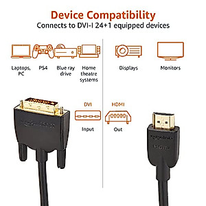Amazon Basics HDMI to DVI Adapter Cable, Bi-Directional 1080p, Gold Plated, Black, 6 Feet, 24-Pack