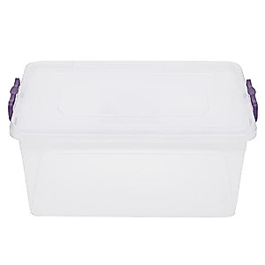 Home Basics Plastic Storage Box with Locking Lid, Clear | Durable Latches for Secure Closure | Purple Handles (10 liter)