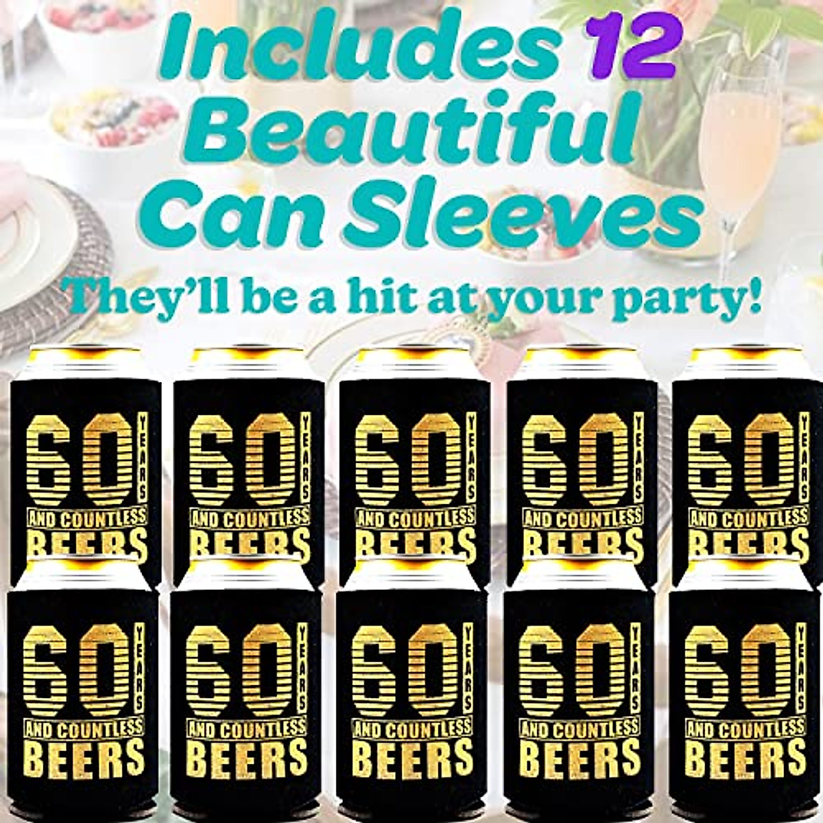 60th Birthday Decor and Party Favors, Beverage Sleeves Gift for Dad's 60th Birthday Party, Decorations and Party Supply, 60s Birthday Decorations for Men, 12-Pack, Black & Gold