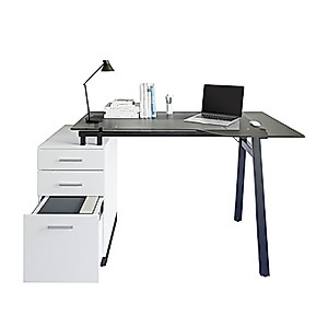 Techni Mobili Modern Smoke Tempered Glass top & Storage Home Office Computer Writing Desk Workstation with Two Cupholders and a Headphone Hook-Pine, 59.5" D x 29.25" W x 29.5" H, White
