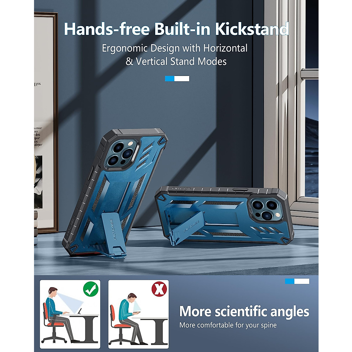 FNTCASE for iPhone 12-Pro-Max Phone Case: Military Grade Drop Proof Protection Mobile Cover with Kickstand | Matte Textured Rugged Shockproof TPU | Protective Sturdy Cases - Blue