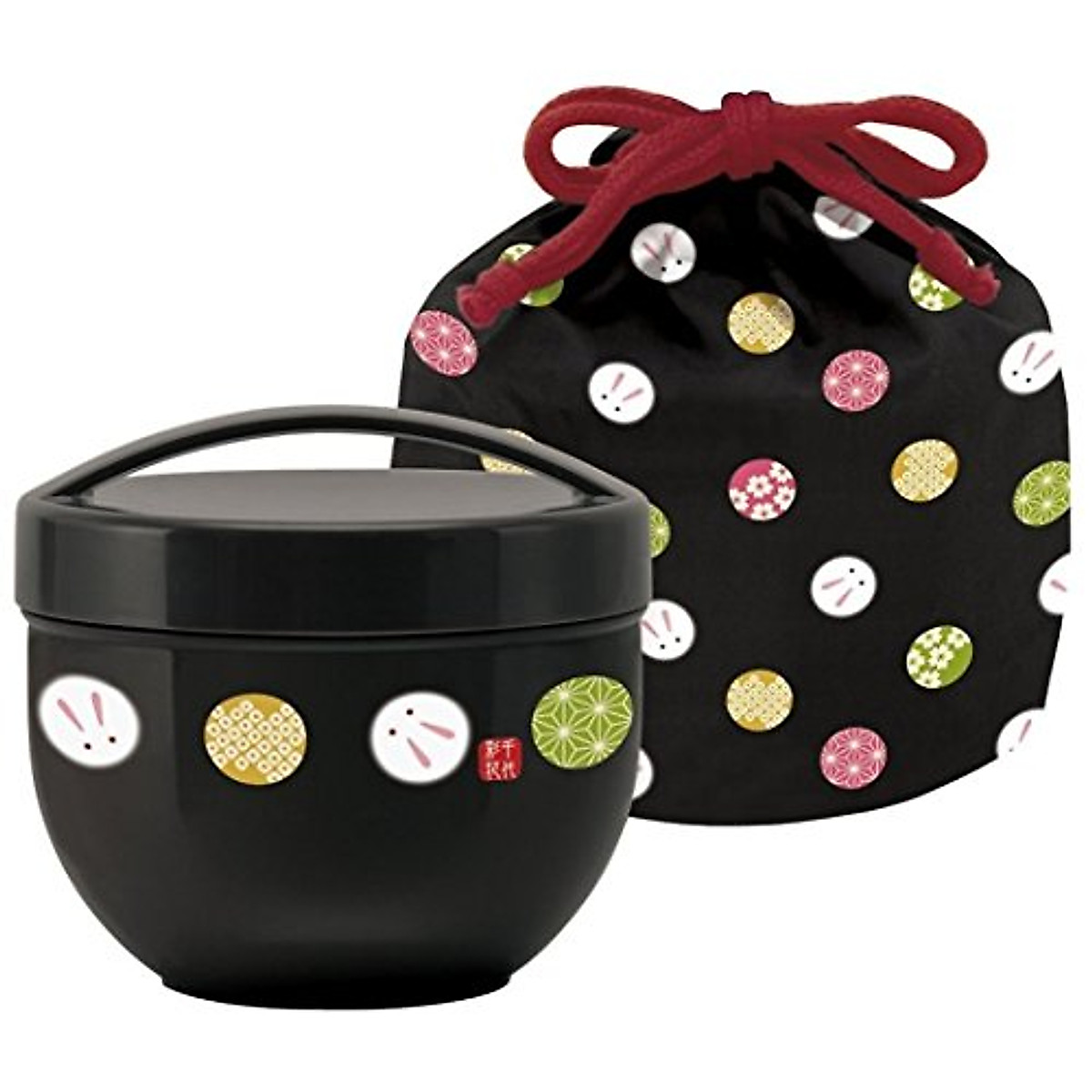 Japanese Bento Bowl 2 Tier Temari Rabbit 560ml (19oz) with Carrying Bag (Black)