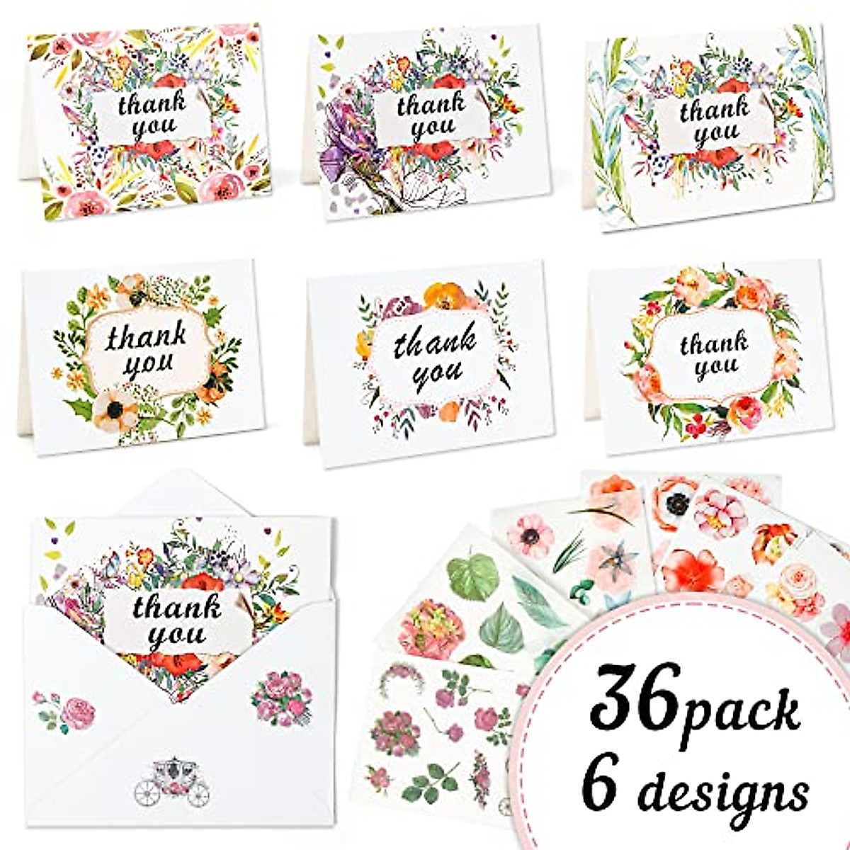 Thank You Cards with Envelopes, 36 Pack Floral Thank You Notes with 36 Envelopes 6 Sticker Sheets By Feela, Blank Inside Cards for Baby Bridal Shower Wedding Graduation
