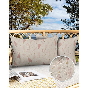 Edwiinsa Outdoor Pillow Covers Waterproof, Minimalist Christmas All Weather Cushion Case Set of 2, Cartoon Blush Pink Xmas Pine Tree Lumbar Pillowcase for Sofa Couch Bed Decor Patio Furniture 20"x12"