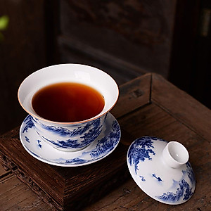 Jingdezhen Chinese Gaiwan Handmade 6.3oz/180ml Mountain Style China Blue and White Porcelain Gaiwan Kungfu Teacup Traditional Chinese Teaware Tea Set