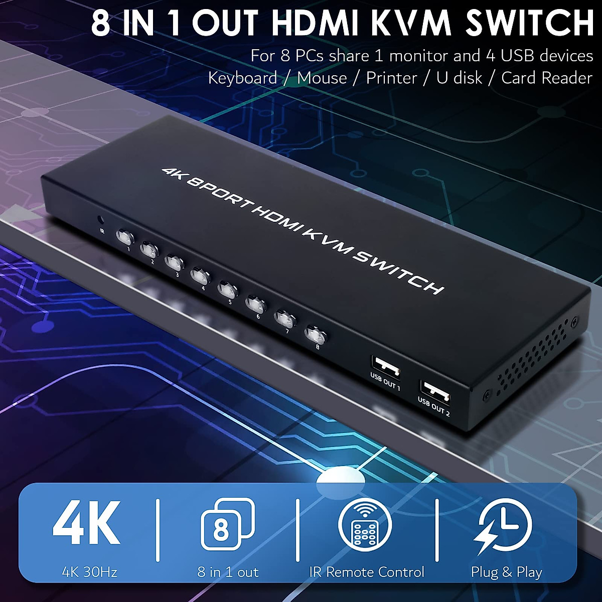 TCNEWCL 8 Port KVM Switch HDMI, 4K@30Hz 8 in 1 Out HDMI KVM Switch for 8 PC Sharing 1 HD Monitor and 4 USB Devices with IR Remote & 8 HDMI Cables
