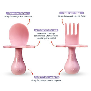 GRABEASE Bundle of 2 First Self Feed Baby Utensils with a Togo Pouch - Anti-Choke, BPA-Free Baby Spoon and Fork Toddler Utensils for Led Weaning Ages 6 Months+ Lavender and Blush