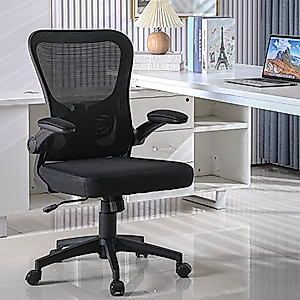 Furniliving Ergonomic Mesh Office Chair, Home Office Chair Mid Back Task Chair with Lumbar Support, Tilt Function, Office Chairs Swivel Computer Desk Chair with Flip-Up Arms, Black (MidBack)