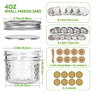 Small Mason Jars, 4oz 8 Pack Mini Mason Jars, Canning Jars With 2 Type Lids, 8 Split-Type Lids And EXTRA 8 One Piece Lids For Dessert, Honey, DIY Candle