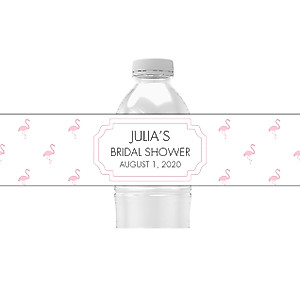 Pink Flamingo Pattern Personalized Water Bottle Labels, Pack of 25 Peel and Stick Waterproof Wrappers for Birthday Party Favors