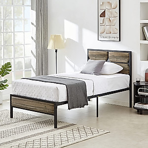 VECELO Twin Bed Frame Metal Platform with Wooden Headboard & Footboard Mattress Foundation Strong Metal Slats Support No Box Spring Replacement/Easy Assemble