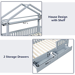 Aoowow Twin Size House Bed with Storage Drawers & Shelf,Kids Wooden Bed Frame Twin Platform Bed with Slats and Fence for Boys Girls Teens for Bedroom(Grey)