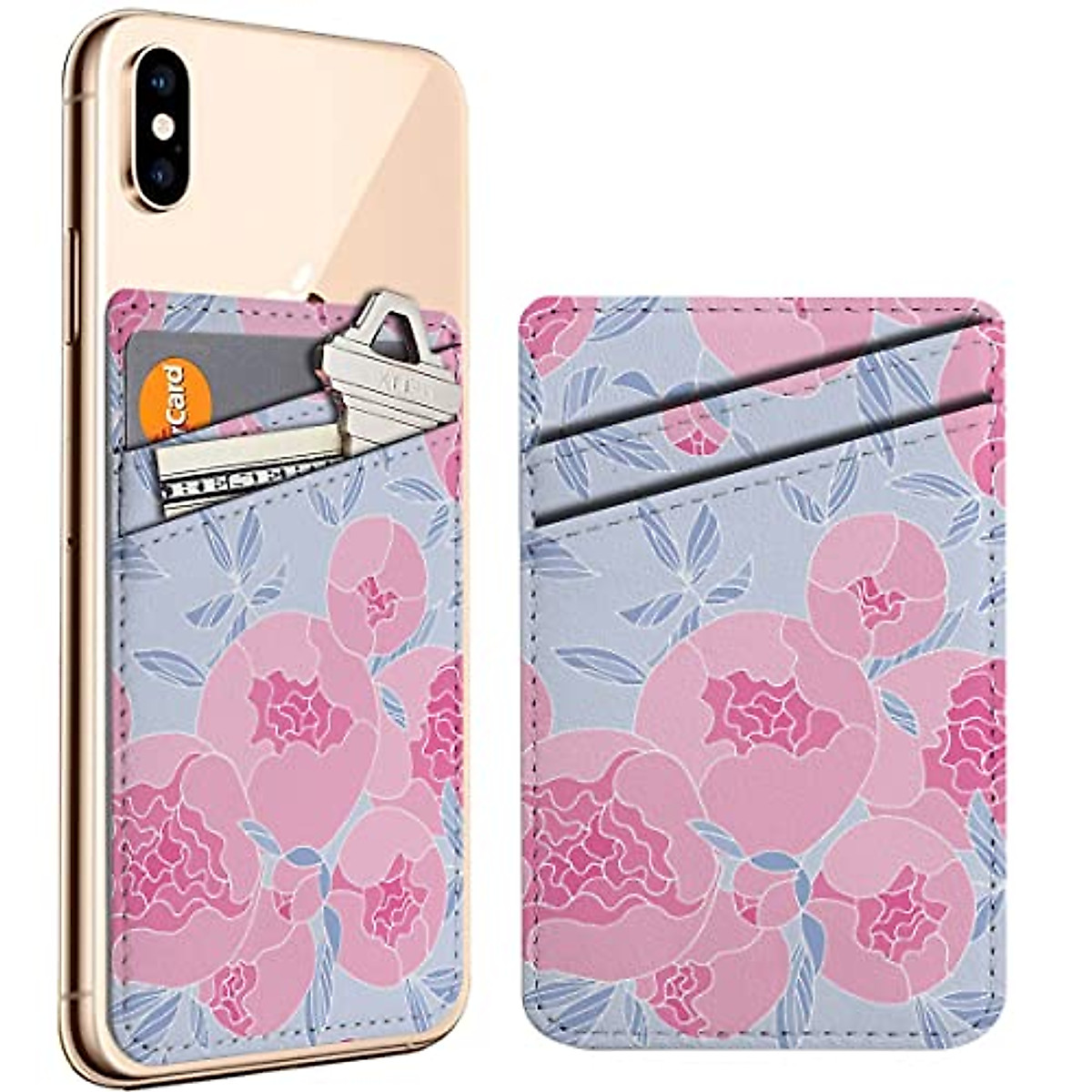 Diascia Pack of 2 - Cellphone Stick on Leather Cardholder ( Tender Line Peony Flower Pattern Pattern ) ID Credit Card Pouch Wallet Pocket Sleeve
