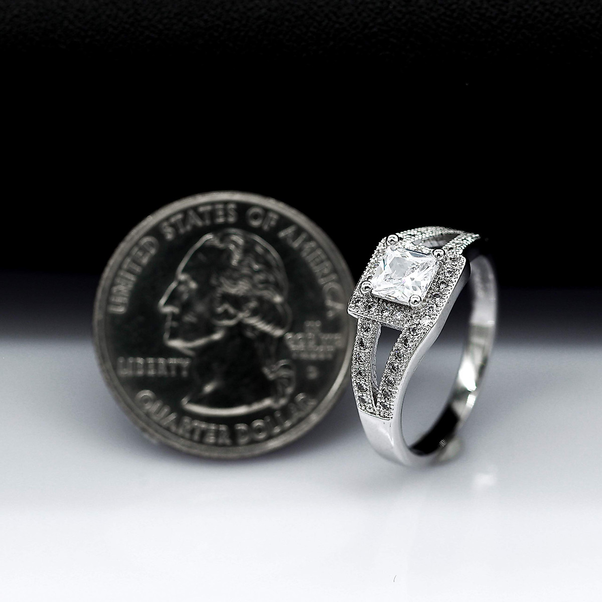 Uloveido Women's White Gold Plated Princess Cut Cubic Zirconia Wedding Engagement Ring Split Shank Solitaire Anniversary Ring (Size 8) WX013