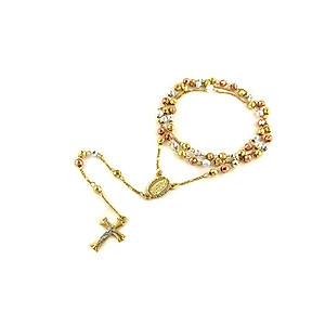Savlano 14K Gold Plated Beaded Rosary Cross Necklace – 6.5MM Crucifix Cross Medallion Rosary Chain Y-Necklace for Women & Men Religious Jewelry Comes in Gold, Gold-Rose-Silver with a Gift Box (Tricolor)