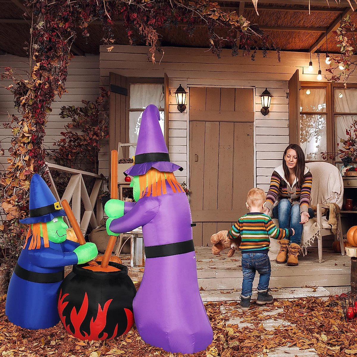 6FT Garden 5pcs LED String Lights Two Witches with Pots Inflatable Halloween Decoration for Holiday/Party/Yard/Garden