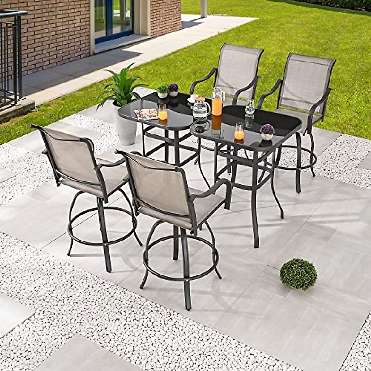 LOKATSE HOME 6 Piece Patio Dining Set Outdoor Furniture Tesling Swivel Chairs Bistro Rotating Stools with Glass Tempered Table for Poolside, Cafe, Porch, Chic Bar, Grey