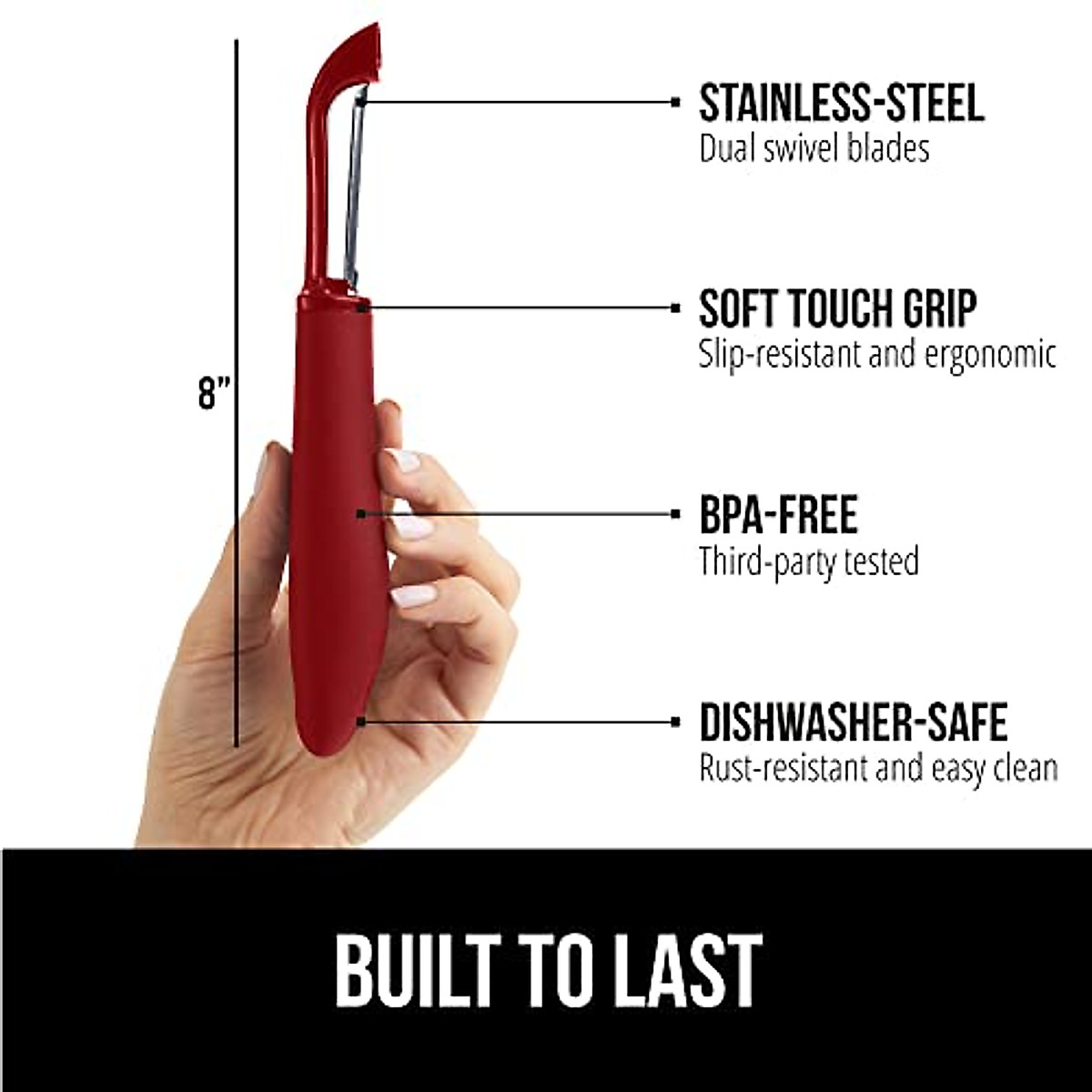 Gorilla Grip Hand Held Can Opener and Vegetable Peeler, Large Lid Openers Rust Proof, Kitchen Food Peelers Safe Blade Guard, Both in Red, 2 Item Bundle