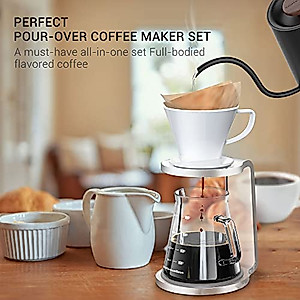 KitchenBoss Pour Over Coffee Maker Set Pour Over Stand Set | White Ceramic Dripper | 600ml/20oz Glass Server | Non-slip Stand | Home Office Coffee Maker Kit 5 Cup