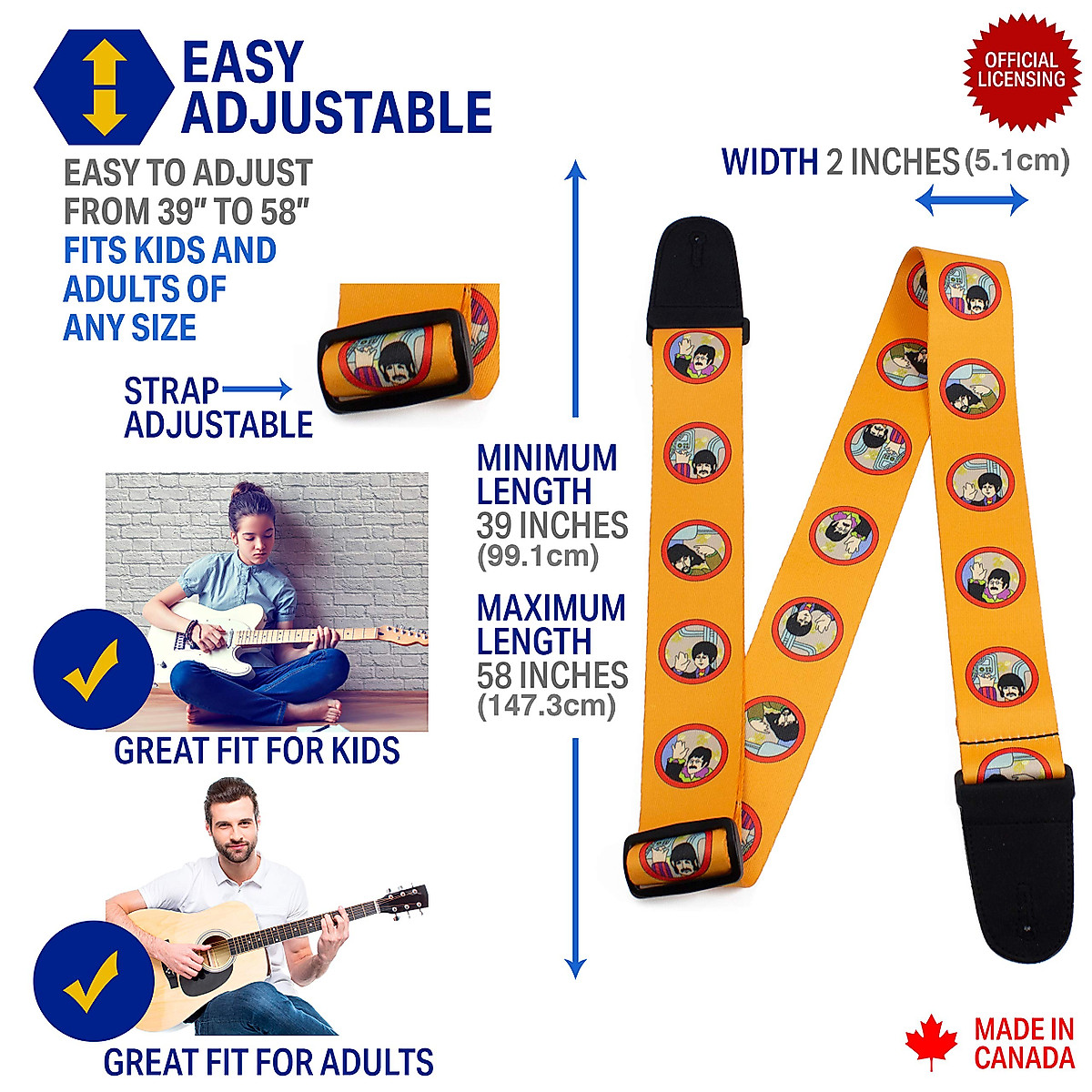 Perri’s Leathers Ltd. - The Beatles - Guitar Strap - Polyester - Yellow Submarine - Official Licensed Product - For Acoustic/Bass/Electric Guitars - Adjustable - Made in Canada (LPCP-6108)