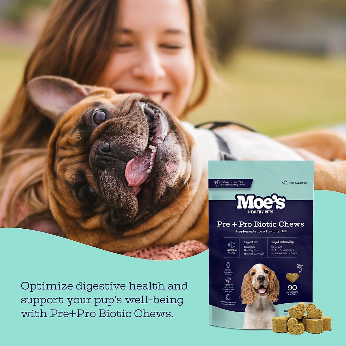 Moe's Healthy Pets Prebiotic and Probiotic for Dogs - Dog Probiotics for Digestive Health and Vitality - Probiotic Chews for Dogs with Pumpkin Flavor - Fiber Supplement for Gut Health for Dogs