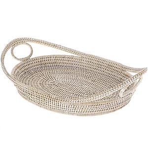 Kouboo La Jolla Oval Rattan Tray with Looped Handles, White Wash, Small