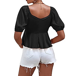 LYANER Women's Satin Deep V Neck Puff Short Sleeve Tie Front Ruffle Hem Blouse Crop Peplum Top Black Medium