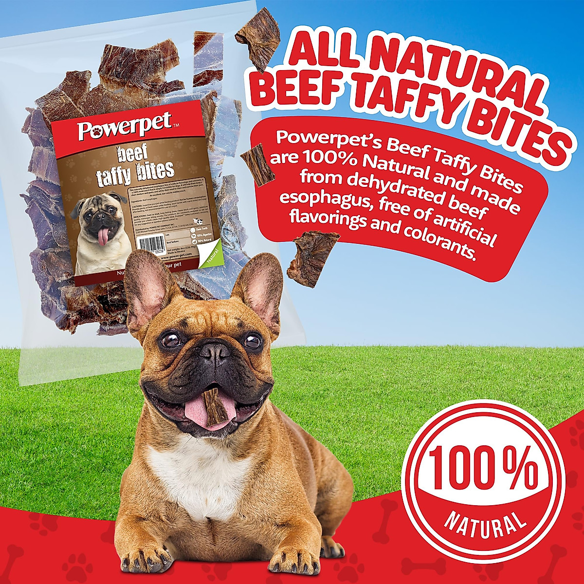 Powerpet Taffy Bites - Low Fat Premium Beef Jerky Treat, 100% Natural Beef Esophagus Dog Chew, Highly Digestible, Clean & Healthy Pet Snack, No Additives, High Protein, Improves Dental Hygiene, 8oz