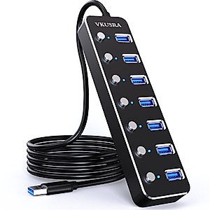 USB Hub, VKUSRA 7 Port USB Hub 3.0 with 4ft USB Long Cable, and Aluminum USB 3.0 Hub with Individual On/Off Switch and LED Indicator, USB Splitter for Laptop & PC, Power Adapter Not Included
