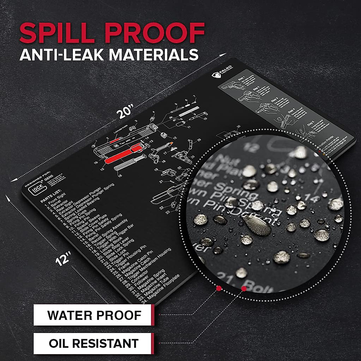 Falko Tactical Gun Cleaning Mat for Glock - Double Thickness Gun Mat - HD Exploded Diagram Including Parts List, Lubrication Points and Disassembly Steps (20 by 12 Inches)