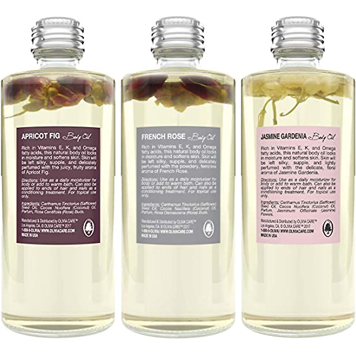 Olivia Care 3 Pack Body Oils: Apricot Fig, French Rose, Jasmine Gardenia - Natural Perfume Oils For Women & After Bath Oils Body Moisturizers, Rich in Vitamin E, K, & Omega (3 Scents)
